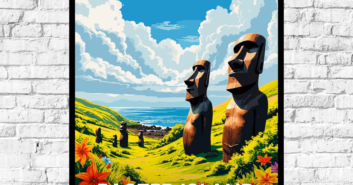 Easter Island Travel Print - Vintage Travel Art Poster - Custom Design ...
