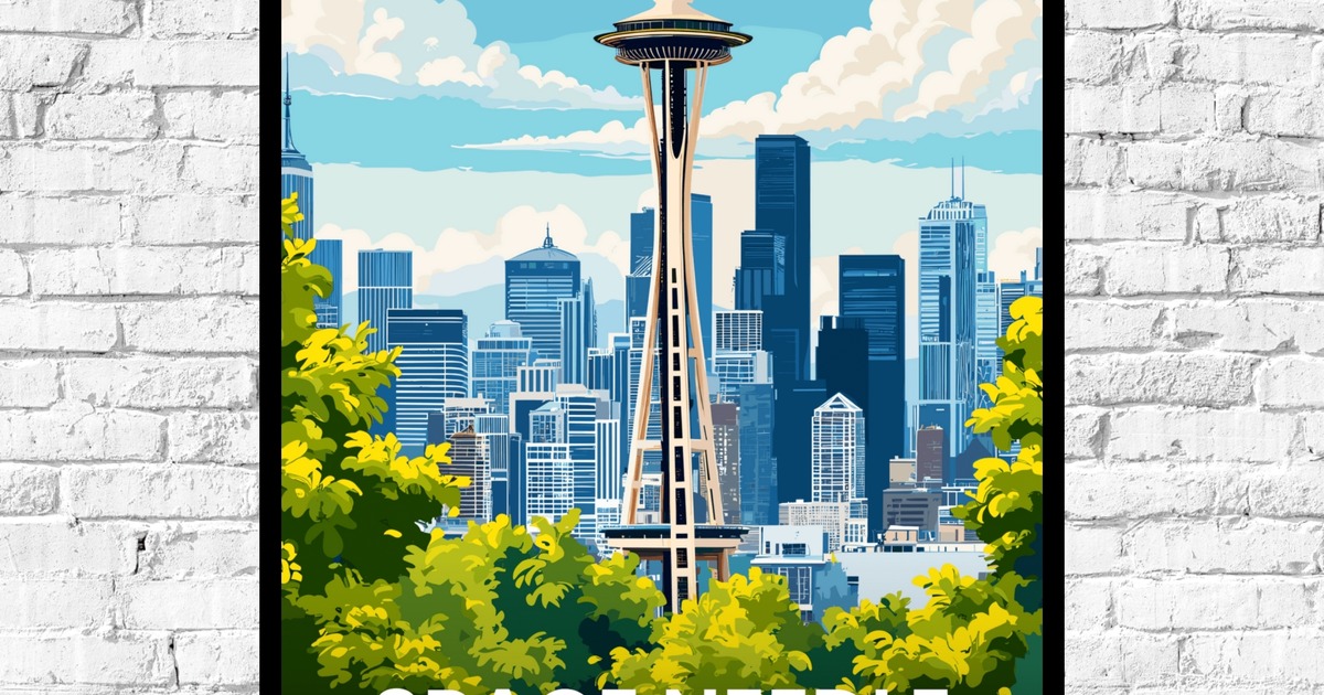 Space Needle Travel Print - Vintage Travel Art Poster - Custom Design ...